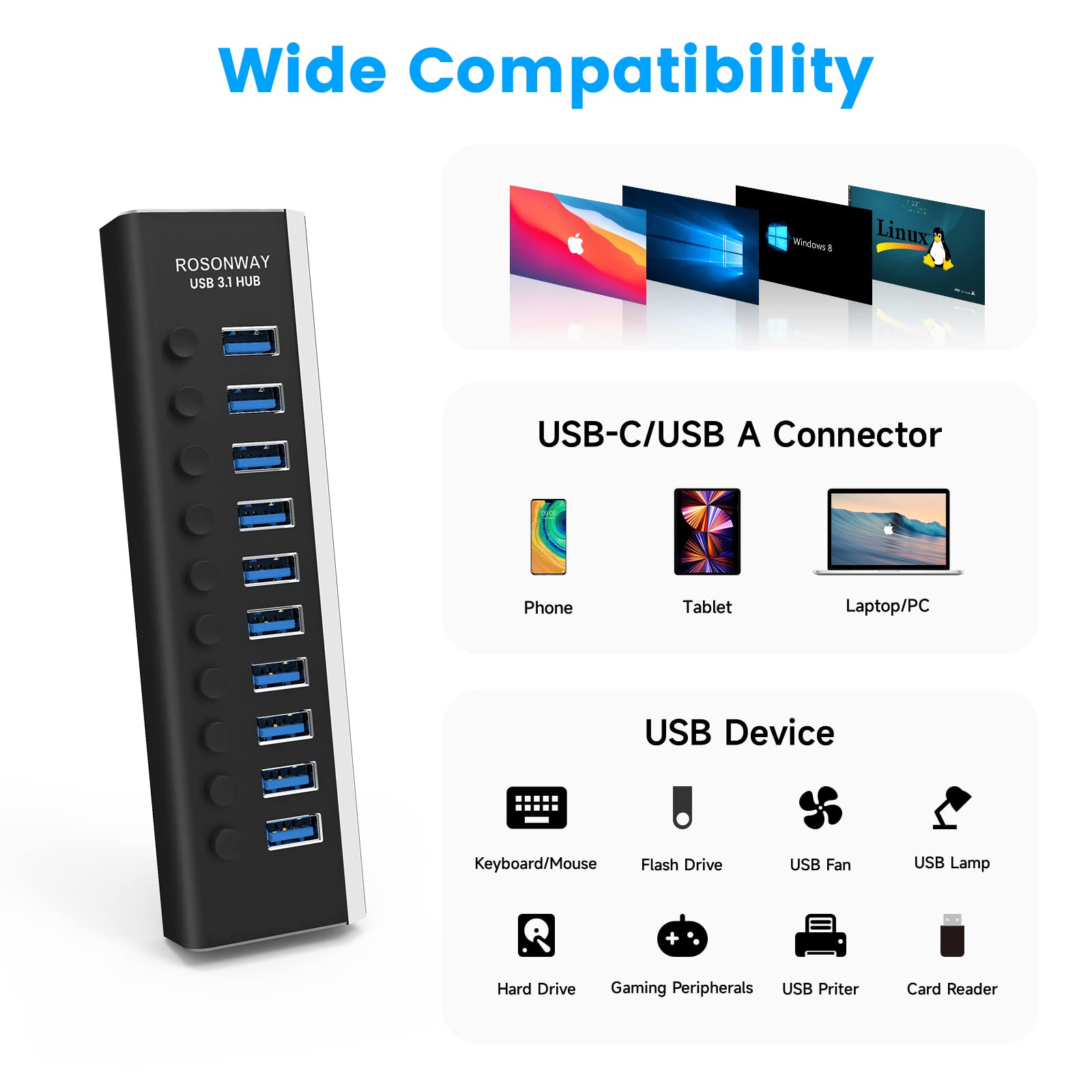 Powered USB Hub, Rosonway 10 Port USB 3.1/3.2 Gen 2 Hub 10Gbps with 36W (12V/3A) Power Adapter, Type A and Type C Cables, Aluminum USB C Hub Splitter for PC and Laptop (RSH-A10S)