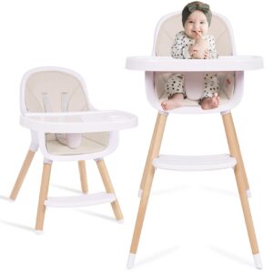 convertible baby high chair, 3-in-1 wooden highchair/toddler chair with removable tray, feeding & dining chair with 5-point harness, pu cushion, footrest for babies & toddlers, beige