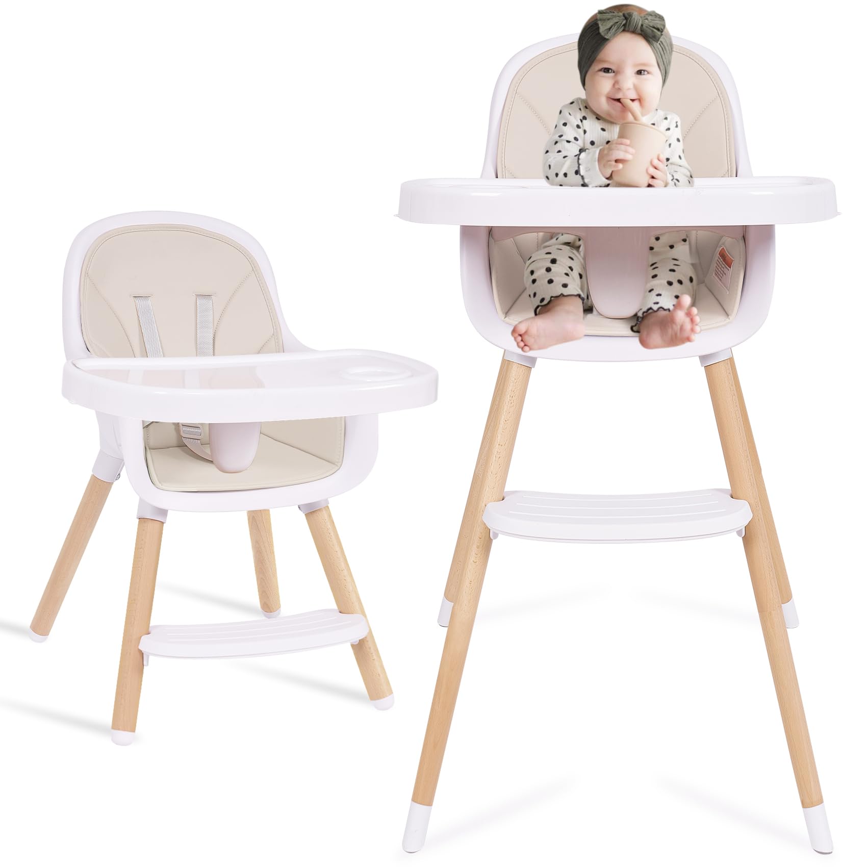 Convertible Baby High Chair, 3-in-1 Wooden Highchair/Toddler Chair with Removable Tray, Feeding & Dining Chair with 5-Point Harness, PU Cushion, Footrest for Babies & Toddlers, Beige