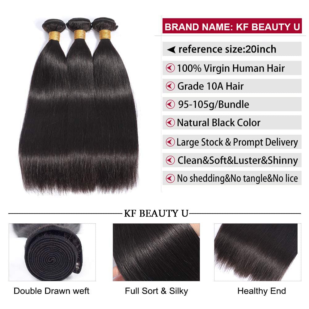 K KF BEAUTY U 10A Straight Hair Bundles 20 22 24 Inch Brazilian Human Hair Bundles 100% Unprocessed Virgin Hair Straight Weave Hair Bundles Natural Color Human Hair 3 Bundles