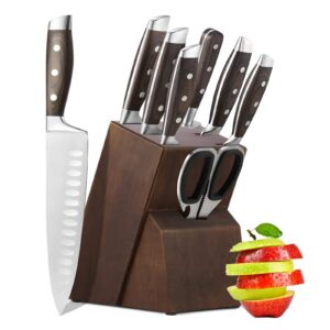 grifucher premium 8 piece german high carbon stainless steel kitchen knives set with rubber wood block, professional double forged full tang chef