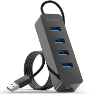 usb hub 3.0 4-port, alxum usb extension hub with 4ft long cable, usb 3.0 data hub with 5v/2a type-c charging port, ultra slim usb splitter for laptop, pc, macbook, surface pro, xps, ps5 and more