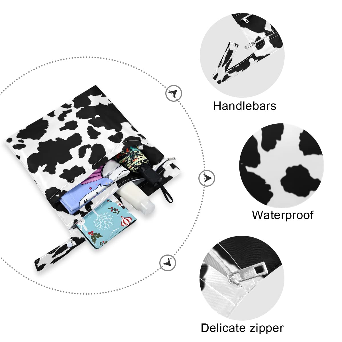 2pcs Wet Dry Bag Black Animal Cow Print Cloth Diaper Bags Waterproof Wet Bags Washable Wet Dry Organizer Pouch with Two Zippered Pockets for Swimsuits Travel Hiking Baby Stroller