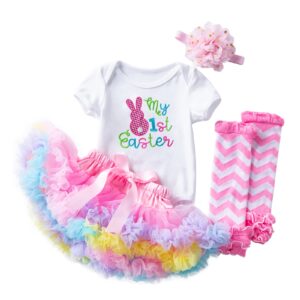 my first easter outfits baby girl short sleeve rabbit romper+tutu skirt+headband+leg warmers clothes set (pink, 0-3 months)