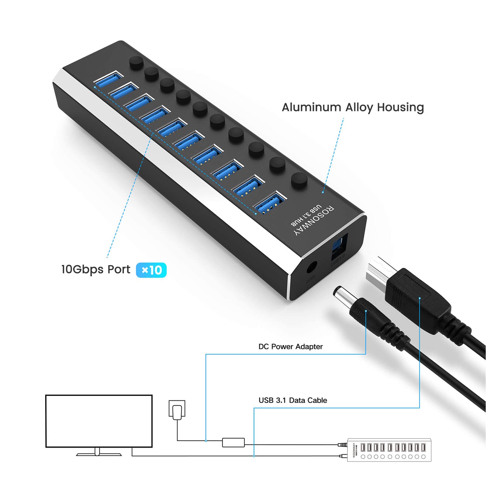 Powered USB Hub, Rosonway 10 Port USB 3.1/3.2 Gen 2 Hub 10Gbps with 36W (12V/3A) Power Adapter, Type A and Type C Cables, Aluminum USB C Hub Splitter for PC and Laptop (RSH-A10S)