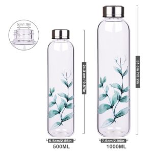 Borosilicate glass water bottle with Leak Proof Lid and Protective Neoprene Sleeve 32oz / 16oz (Leaves and Flower, 32oz)