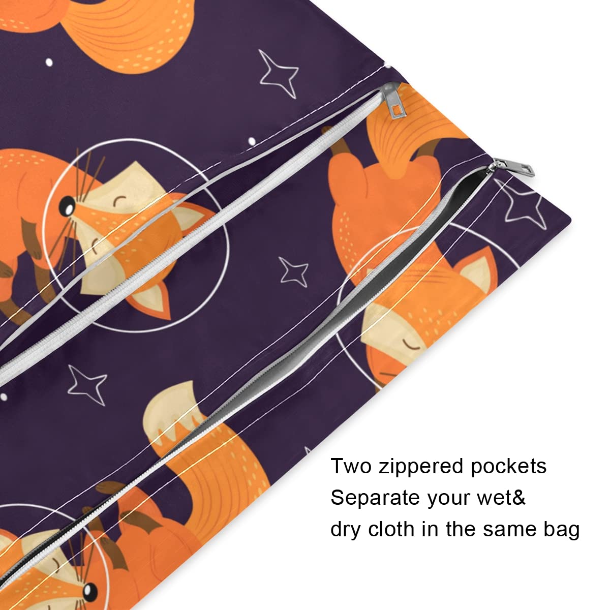 2pcs Wet Dry Bag Cute Fox Animal Space Star Cloth Diaper Bags Waterproof Wet Bags Washable Wet Dry Organizer Pouch with Two Zippered Pockets for Swimsuits Travel Hiking Baby Stroller