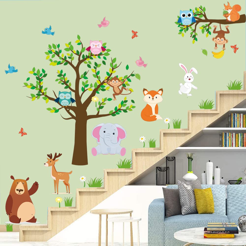 Supzone Jungle Animal Wall Stickers Forest Animal Tree Wall Sticker Owls Wall Decals for Kids Baby Nursery Playroom Bedroom Classroom Kindergarten Wall Decor