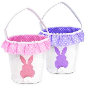 2 pack easter eggs hunt basket for kids easter bunny canvas baskets ruffle easter basket rabbit fluffy tails bucket tote eggs candy and gifts carry bucket, easter party supplies (purple & pink)