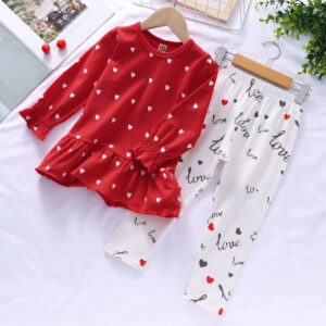 GLIGLITTR Toddler Baby Girls Clothes Set Valentine's Day Heart Print Long Sleeve Ruffle T-Shirt+Pants Kids 2pcs Outfits (Red, 4-5 T)