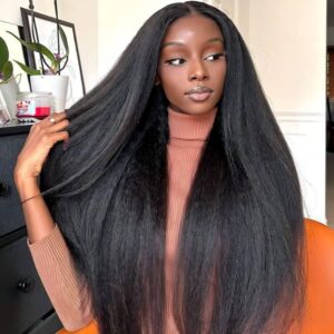 Alidiamond Kinky Straight Human hair Wig 13X4 Kinky Straight Wig Human Hair PrePlucked with Baby Hair 180% Density Yaki Straight Human Hair Wig 18 Inch Brazilian Remy Hair for Women