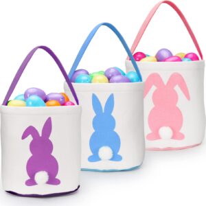 sunboom 3 pack easter baskets for kids empty, easter egg hunt basket with handle - easter bunny baskets for boys & girls, canvas fluffy tails rabbit bags buckets for party gifts (pink+blue+purple)