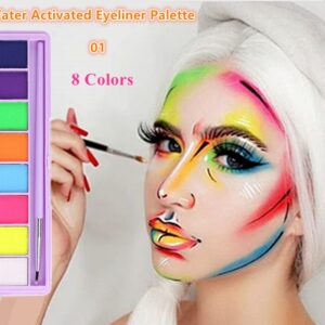 Go Ho 8 Colors Water Activated Eyeliner Palette,High Pigment Bright Vibrant Fluorescent Rainbow Colorful Eye/Face/Body Paint,Matte and UV Paint Graphic Eyeliner with Brushes-01