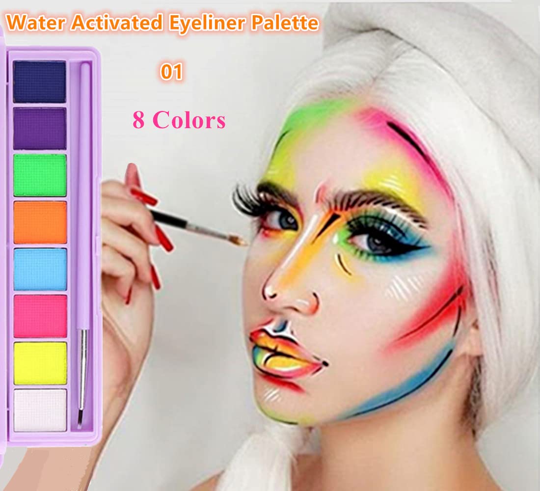 Go Ho 8 Colors Water Activated Eyeliner Palette,High Pigment Bright Vibrant Fluorescent Rainbow Colorful Eye/Face/Body Paint,Matte and UV Paint Graphic Eyeliner with Brushes-01