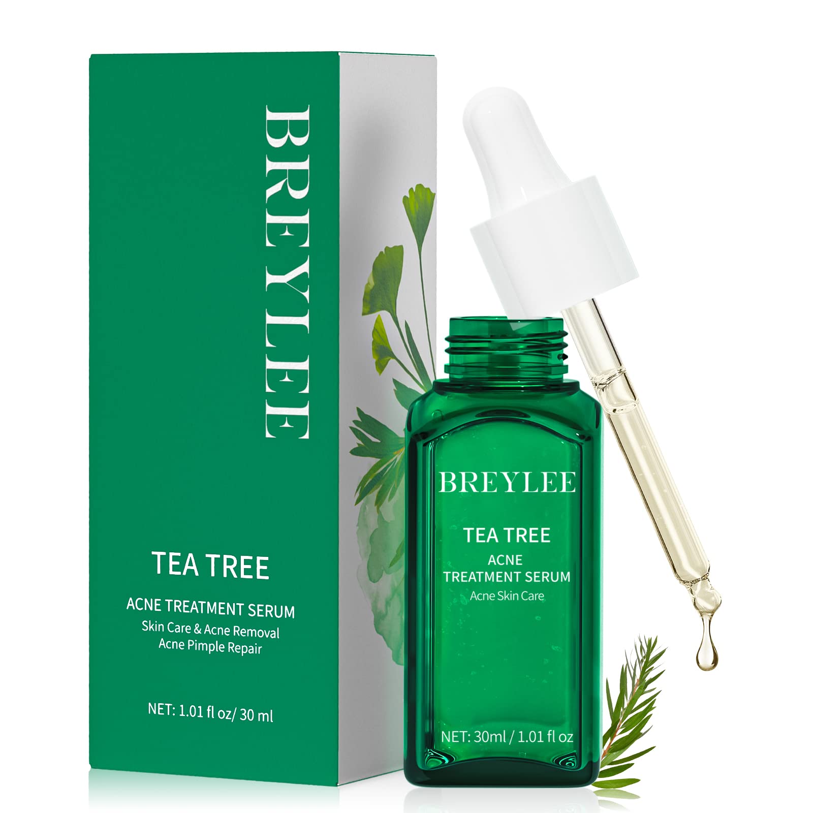 Tea Tree Oil Acne Serum, BREYLEE 2.0 Treatment Acne-Prone Sensitive Skin Care Face Serum to Cystic Acne Scars, Redness Relief, Pimples Dark Spots Remove, Niacinamide Facial Moisturizer,30ml/1.01fl oz