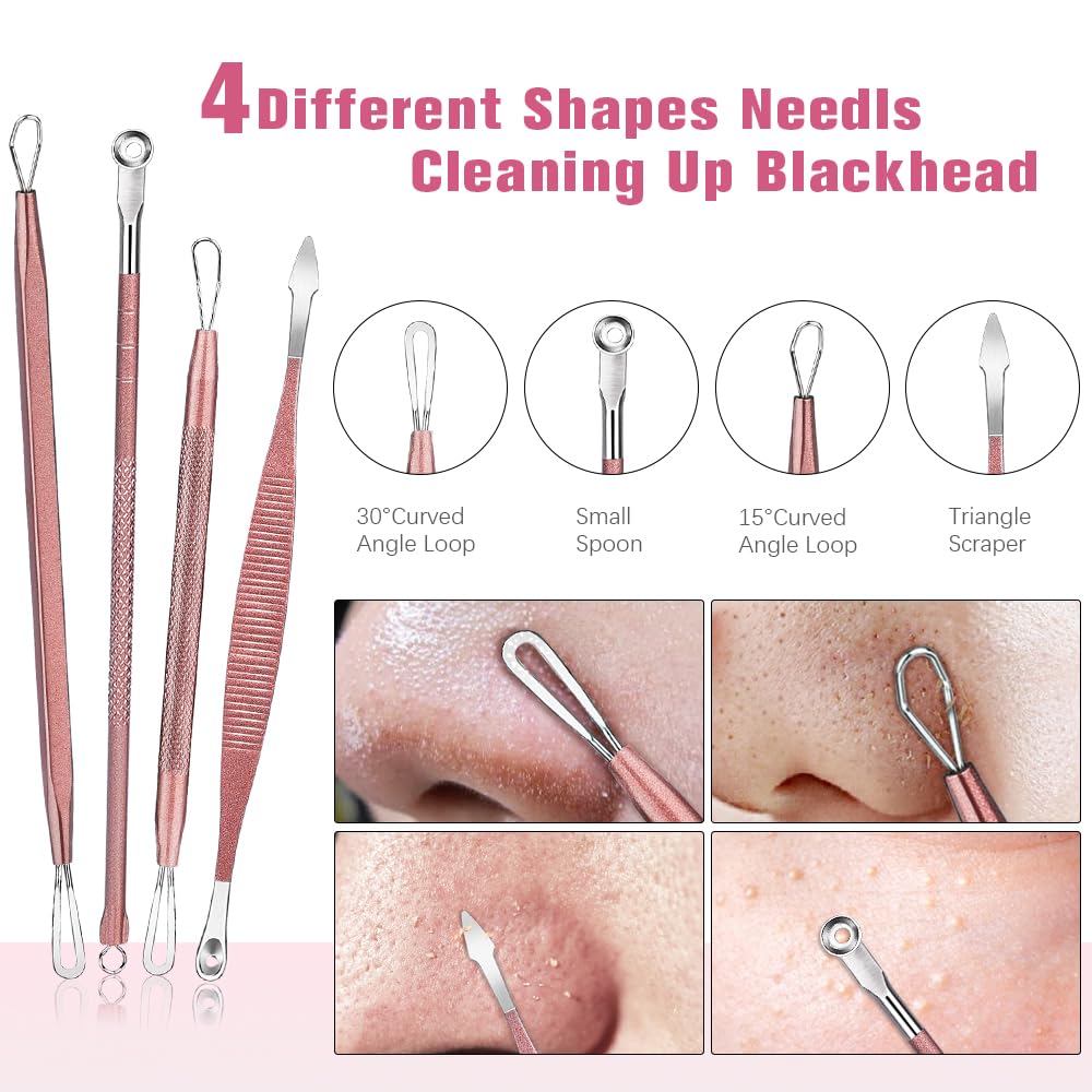 Blackhead Remover Tools, IKOCO 10PCS Stainless Steel Pimple Popper Tool Kit Including a 10X Blackhead Mirror, 8pcs Comedone Extractors and a Leather Bag, Rose Gold