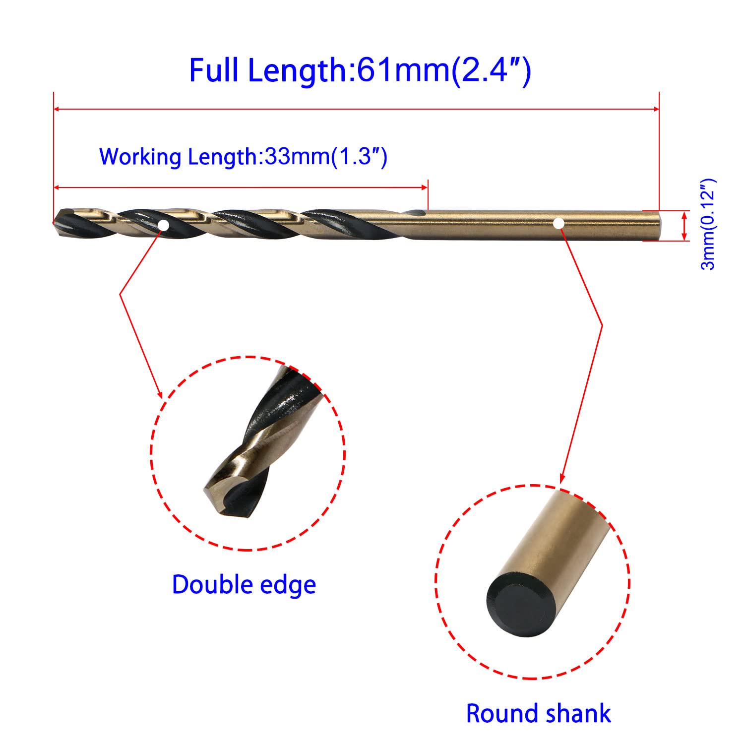 Aopin 2pcs HSS 0.12" Inch (3mm) Metric Gold Cobalt Titanium High Speed Steel Twist Drill Bit,Suitable for Cast Iron,Stainless Steel,Copper, Wood,Plastic