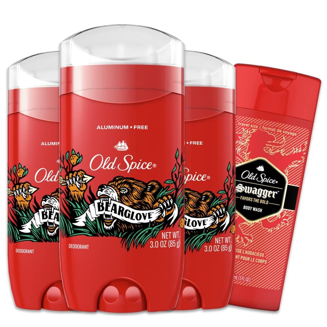 Old Spice Men's Deodorant Aluminum-Free, Bearglove Scent, 48 Hr. Protection, 3.0 oz, (Pack of 3) with Travel-Size Swagger Body Wash