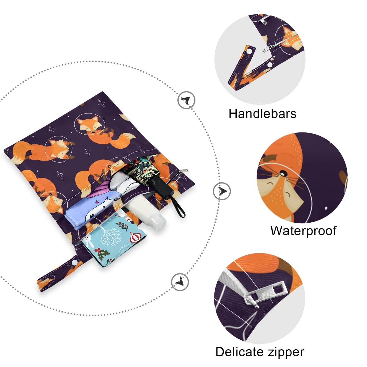 2pcs Wet Dry Bag Cute Fox Animal Space Star Cloth Diaper Bags Waterproof Wet Bags Washable Wet Dry Organizer Pouch with Two Zippered Pockets for Swimsuits Travel Hiking Baby Stroller