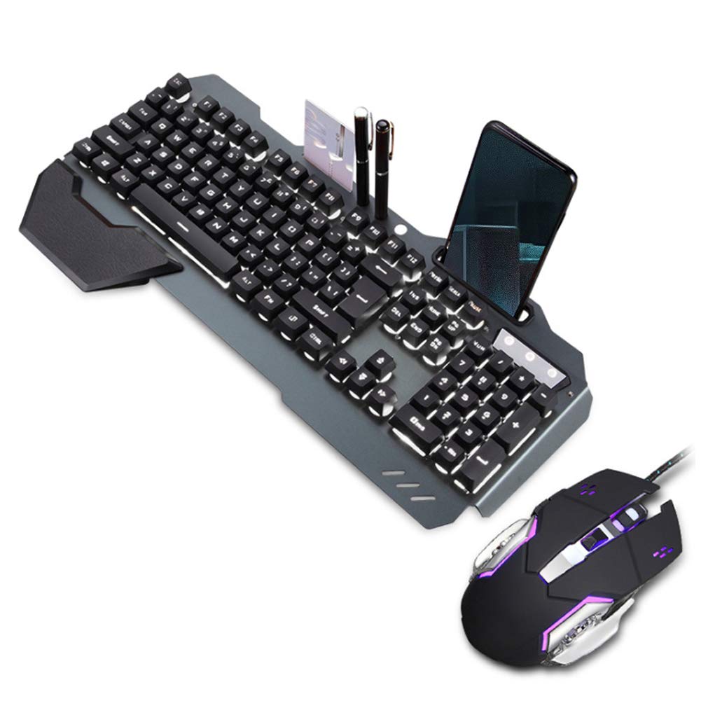 Acogedor Wired Gaming Keyboard and Mouse Combo, RGB Backlit Keyboard with Magnetic Wrist Rest and Phone Holder, 6 Keys 3200DPI Adjustable Mice, for PC Gamer