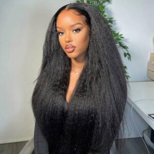 Alidiamond Kinky Straight Human hair Wig 13X4 Kinky Straight Wig Human Hair PrePlucked with Baby Hair 180% Density Yaki Straight Human Hair Wig 18 Inch Brazilian Remy Hair for Women