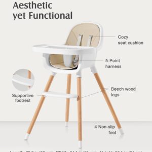 Convertible Baby High Chair, 3-in-1 Wooden Highchair/Toddler Chair with Removable Tray, Feeding & Dining Chair with 5-Point Harness, PU Cushion, Footrest for Babies & Toddlers, Beige