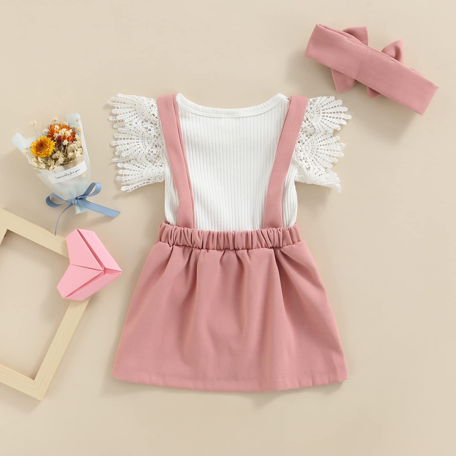 Infant Girls Summer 3Pcs Outfit Sets Ruffle Short Sleeve Ribbed Romper + Suspender Skirt + Headband (A-Pink, 3-6 Months)