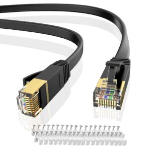 cat 7 ethernet cable 50 ft, shielded 10gbps 600mhz, support cat 8 network, solid flat internet computer patch cord, high speed lan wire for any device with an rj45 port, black