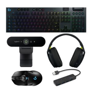 logitech g915 lightspeed wireless rgb mechanical gaming keyboard (gl tactile) bundle with webcam, wireless gaming mouse, gaming headset, and 4-port usb 3.0 hub (5 items)