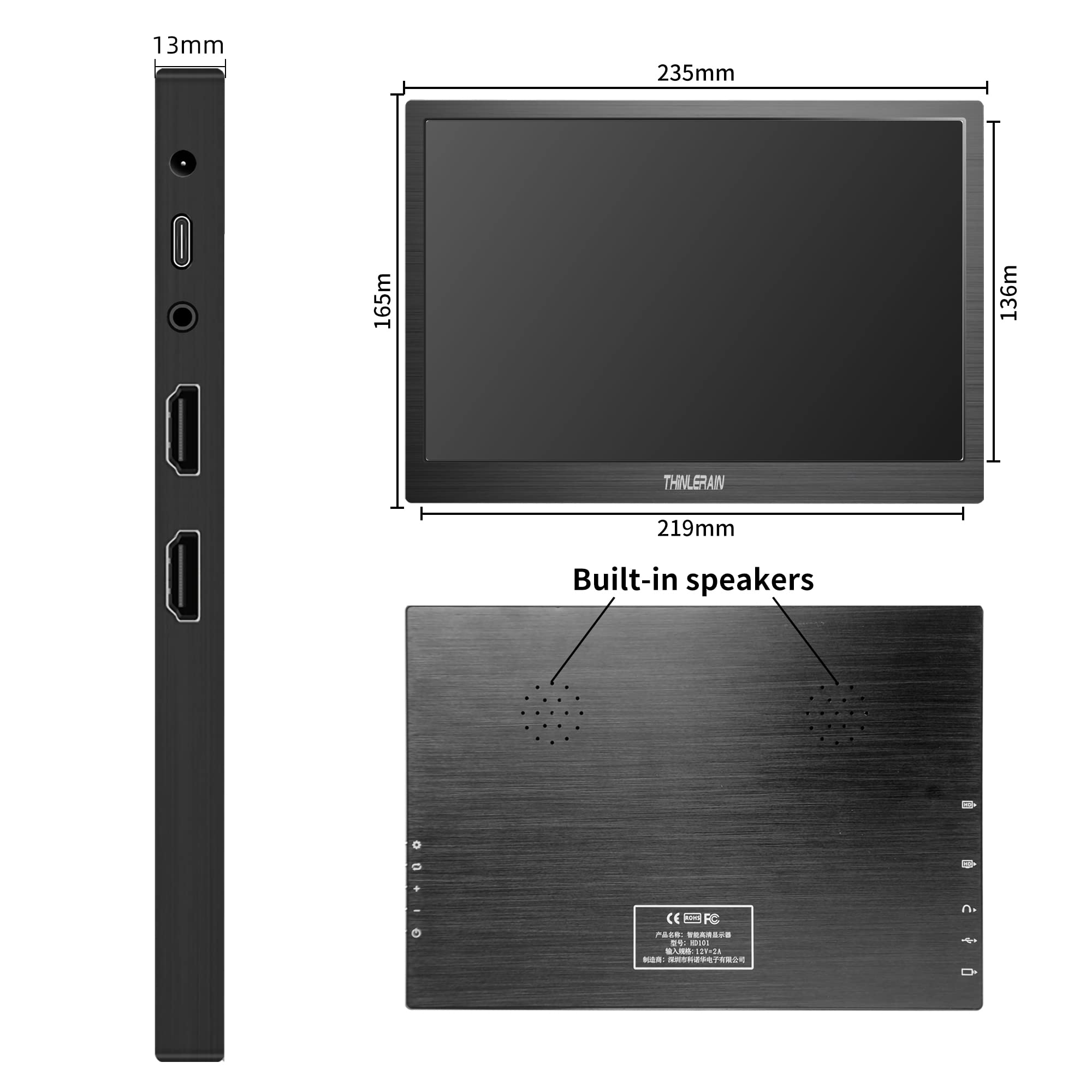 Thinlerain Portable Monitor for Laptop 10.1 Inch Full HD 1920 × 1200 Resolution, HDMI Computer Display IPS with Dual HDMI Speakers for Laptop PC PS4 Phone