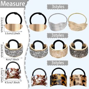 9 Pack Ponytail Hair Cuff Metal Rhinestone Ponytail Holder Elastic Glitter Decorative Hair Tie Gold Hair Ties Wrap Cuff Tortoise Shell Ponytail Ring Holder Christmas Gift for Women(Charming Style)