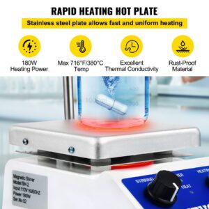 VEVOR SH-2 Magnetic Stirrer, 0-2000 RPM, 1000ml Mixing Capacity Laboratory Magnetic Stirrer Hotplate w/Stand, 180W Heating Power ＆ 380°C Max Heating Temperature, for Lab Liquid Mixing Heating