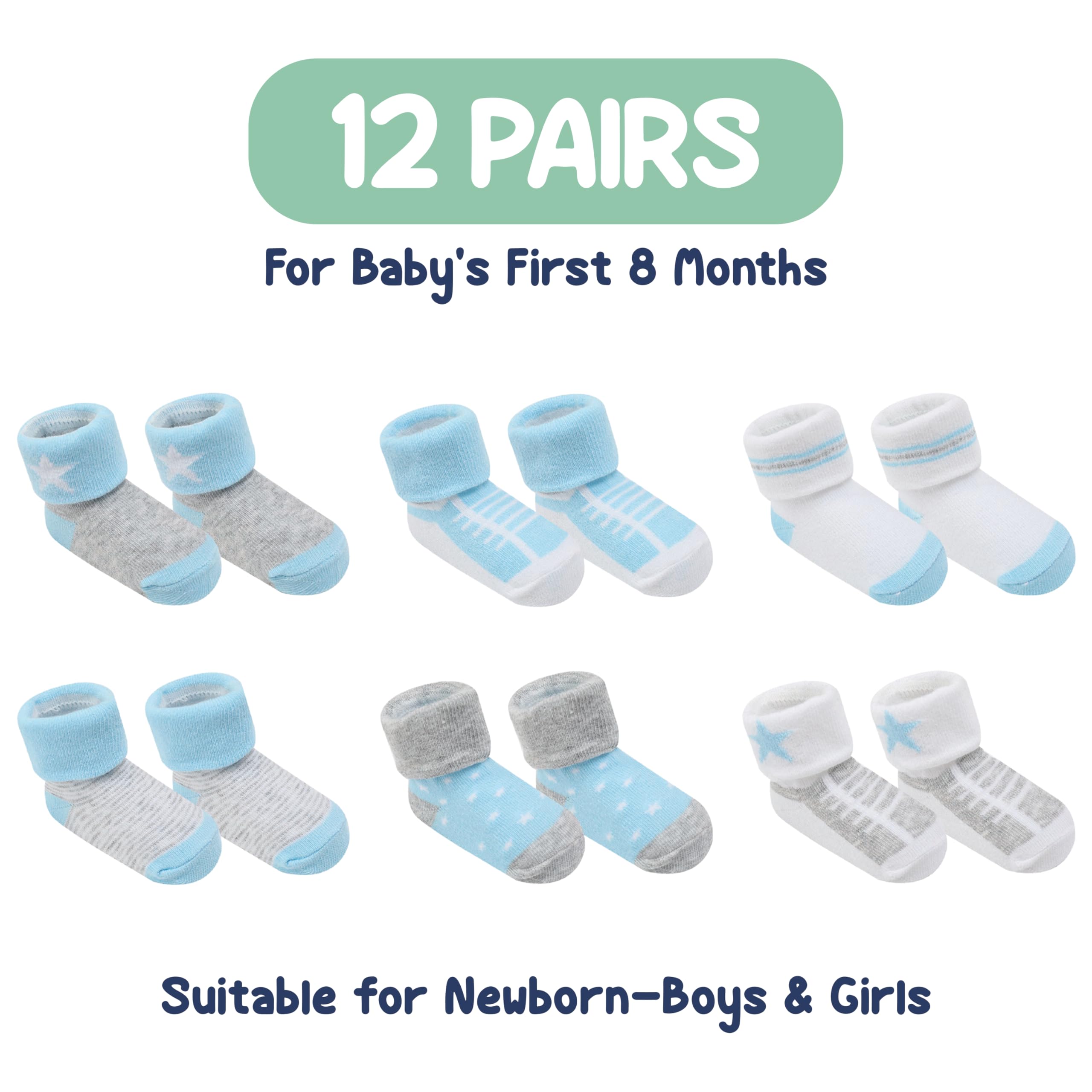 Organic Baby Socks 0-6 Months - 12 Pairs, Cotton Infant Socks, Unisex, Soft & Hypoallergenic Newborn Socks, (US, Age, 0 Months, 6 Months, 12, Blue - Gray - White)