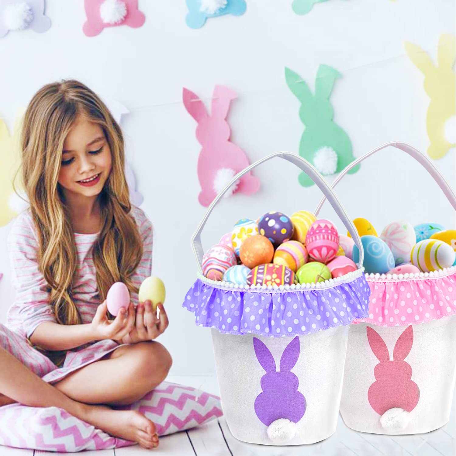 2 Pack Easter Eggs Hunt Basket for Kids Easter Bunny Canvas Baskets Ruffle Easter Basket Rabbit Fluffy Tails Bucket Tote Eggs Candy and Gifts Carry Bucket, Easter Party Supplies (Purple & Pink)