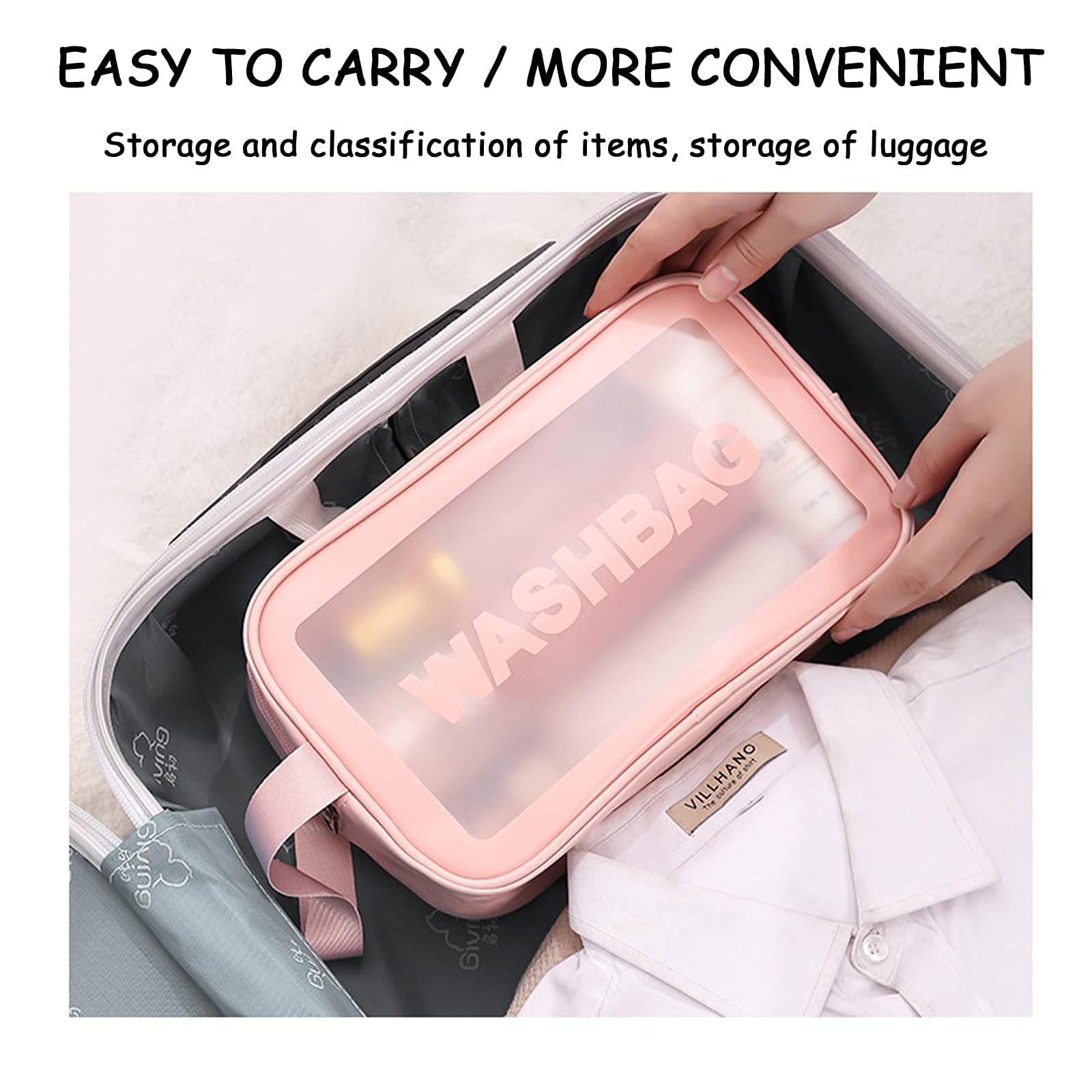 Happy L Clear Travel Bags for Toiletries, 3Pcs Portable PVC Waterproof Cosmetic Bags, Transparent Travel Storage Carry Pouch, Toiletry Bags and Cosmetics Organizer for Women Men (Pink)