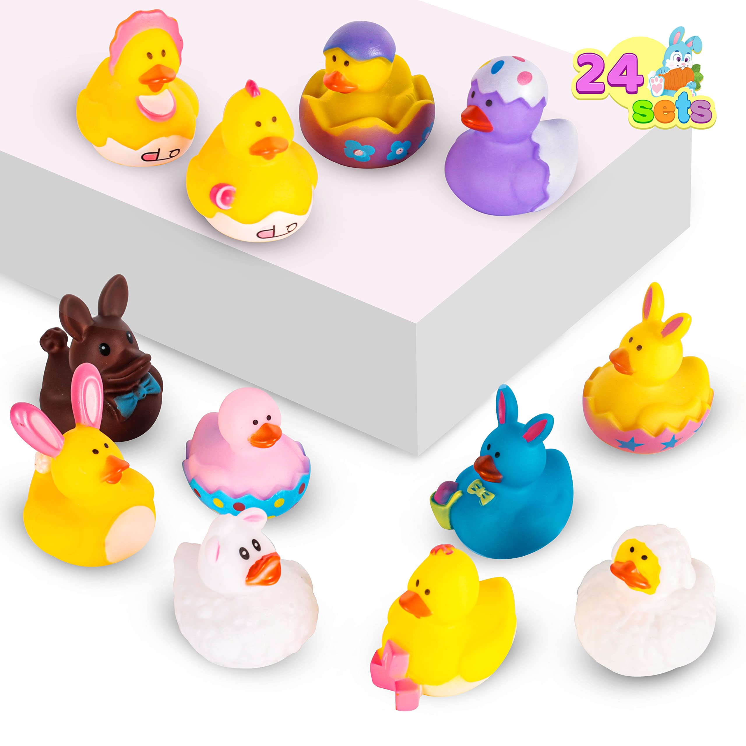 JOYIN 24pcs Easter Rubber Duckies Toys, Novelty Funny Squeeze Ducks for Easter Egg Hunt, Kids Bath Toys, Easter Basket Stuffing, Party Favor