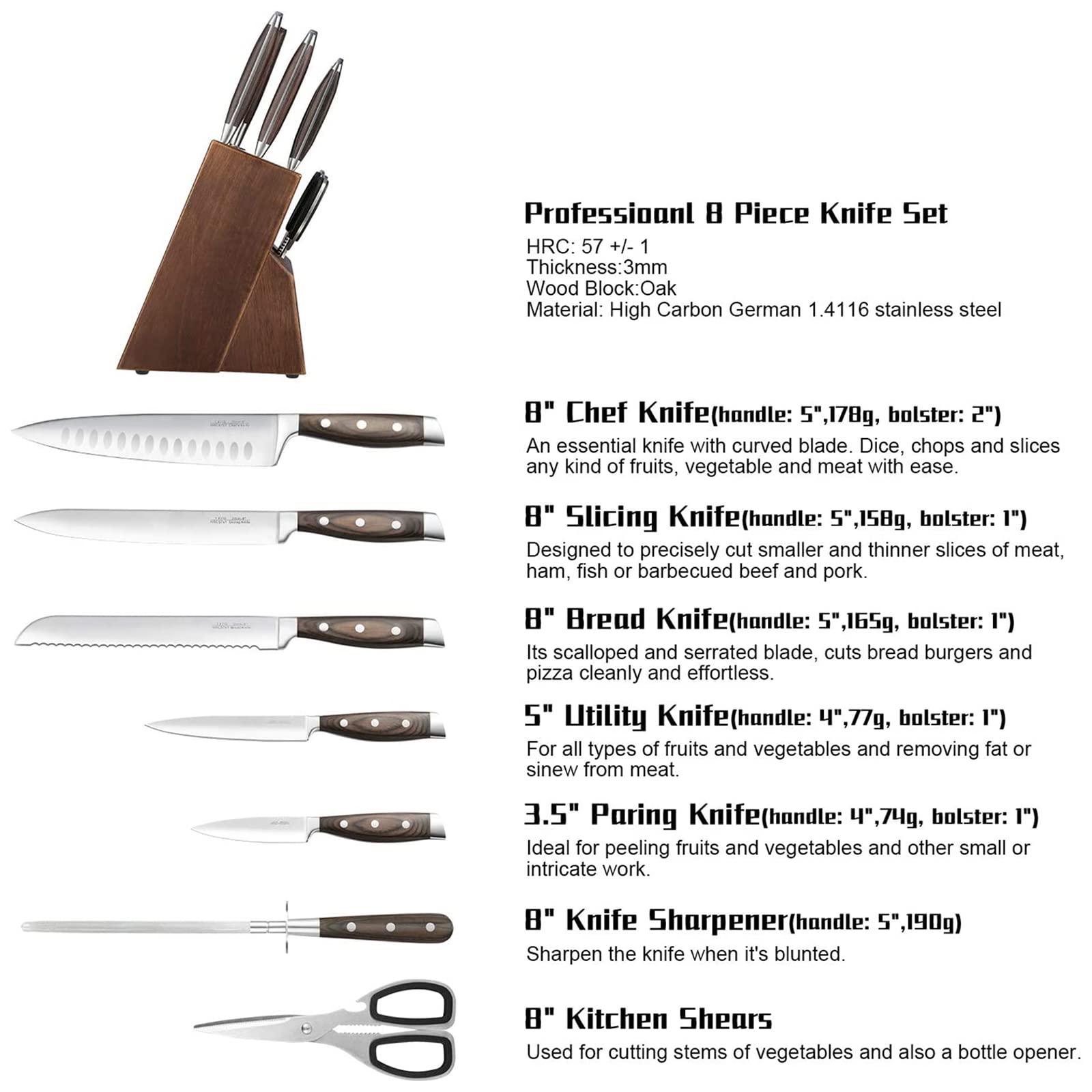 Grifucher Premium 8 Piece German High Carbon Stainless Steel Kitchen Knives Set with Rubber Wood Block, Professional Double Forged Full Tang Chef