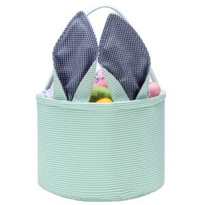 easter baskets seersucker bunny bag for kids, cute easter bucket bags with rabbit ears for easter eggs hunting