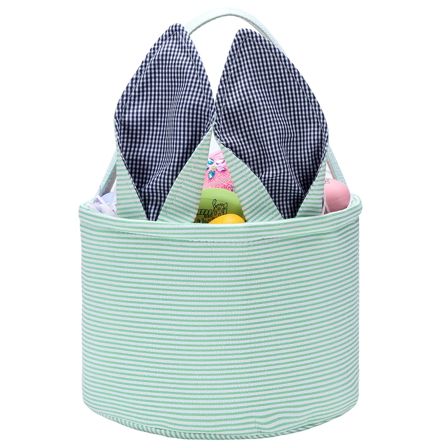 Easter Baskets Seersucker Bunny Bag for Kids, Cute Easter Bucket Bags with Rabbit Ears for Easter Eggs Hunting