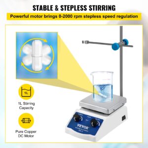 VEVOR SH-2 Magnetic Stirrer, 0-2000 RPM, 1000ml Mixing Capacity Laboratory Magnetic Stirrer Hotplate w/Stand, 180W Heating Power ＆ 380°C Max Heating Temperature, for Lab Liquid Mixing Heating