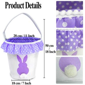 2 Pack Easter Eggs Hunt Basket for Kids Easter Bunny Canvas Baskets Ruffle Easter Basket Rabbit Fluffy Tails Bucket Tote Eggs Candy and Gifts Carry Bucket, Easter Party Supplies (Purple & Pink)