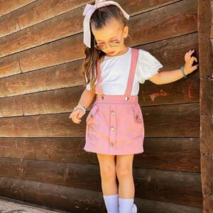 Infant Girls Summer 3Pcs Outfit Sets Ruffle Short Sleeve Ribbed Romper + Suspender Skirt + Headband (A-Pink, 3-6 Months)