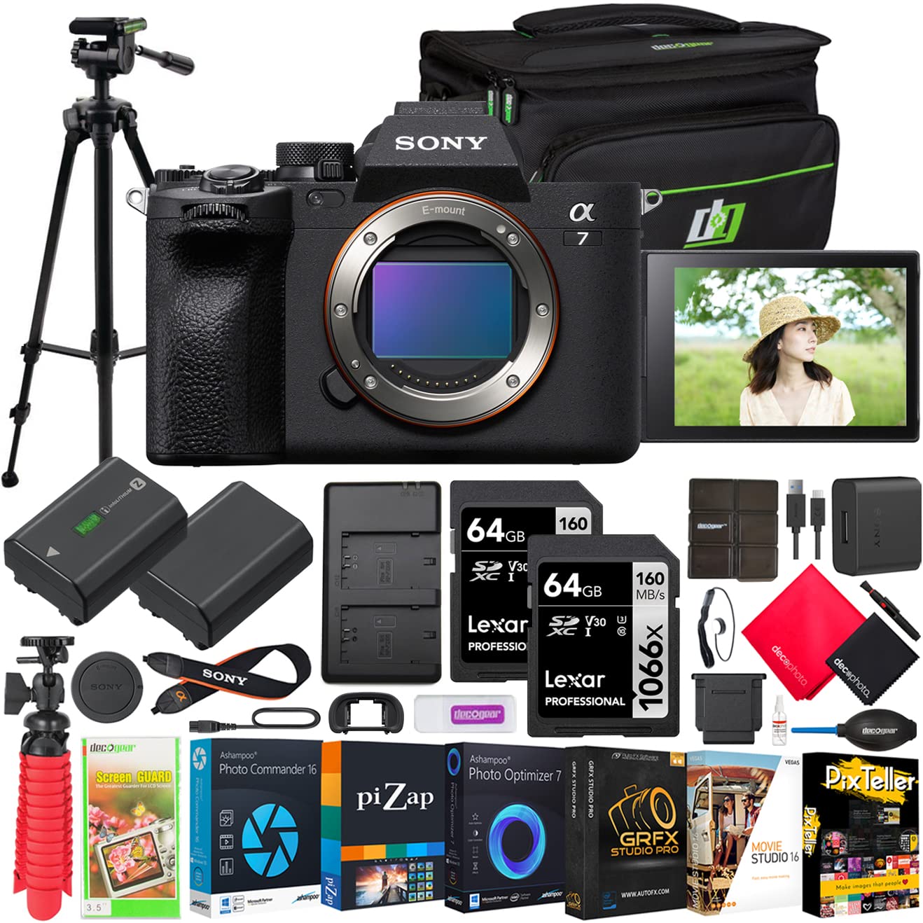 Sony a7 IV Full Frame Mirrorless 33MP Alpha Interchangeable Lens Camera | Official Sony USA Partner Model | Body ILCE-7M4/B Bundle with Deco Gear Case + Tripod + Extra Battery, Dual Charger, Software