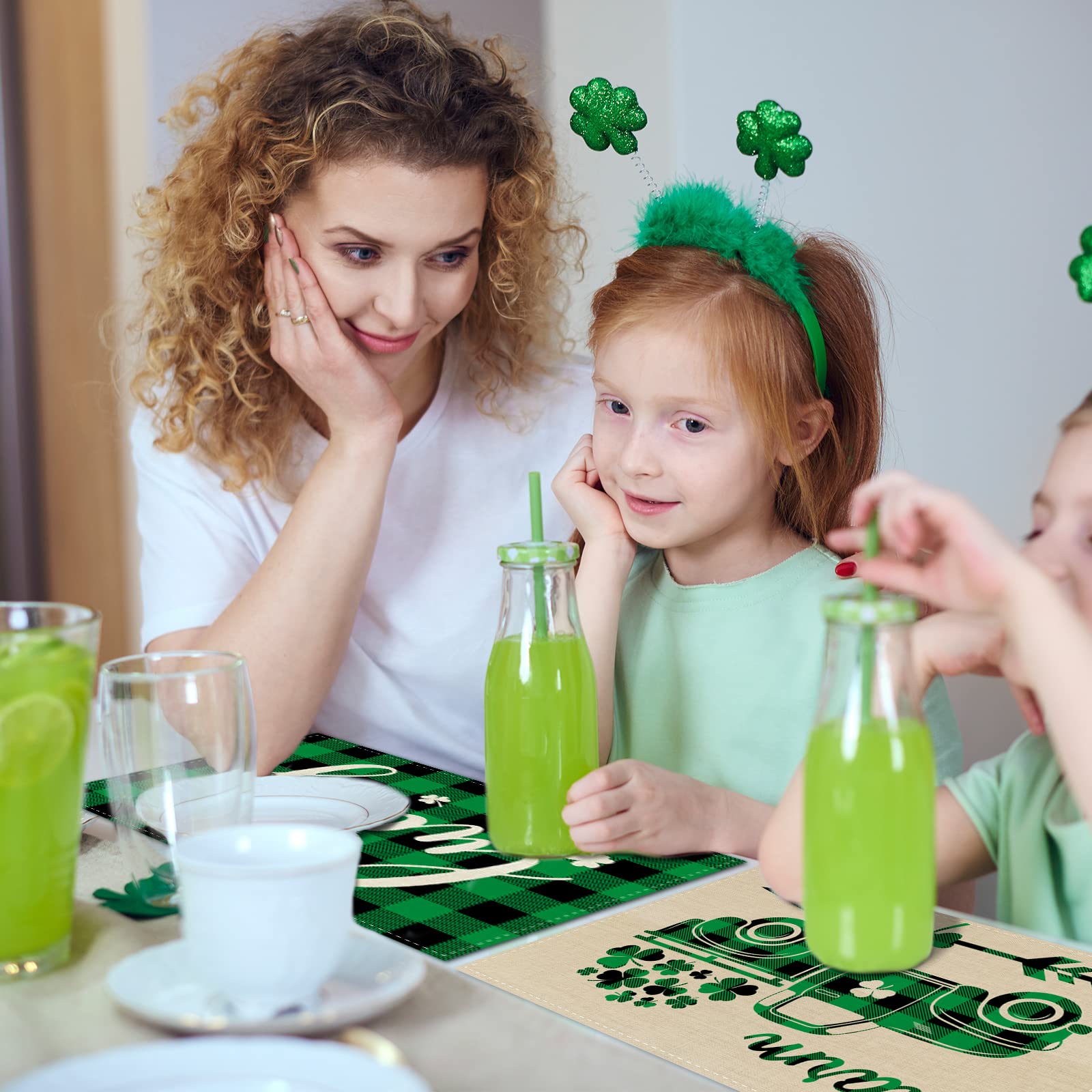 St. Patrick's Day Placemat Buffalo Plaid Place Mats for Dining Table Shamrock Clover Truck Lucky Blessed Charm Holiday Rustic Washable Table Mat for St. Patrick's Day Party Home Decorations Supplies