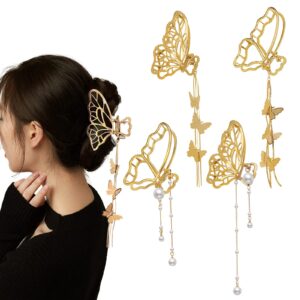 4 pack metal big gold butterfly hair clips clamp tassel nonslip claw hair accessories for women girls for thinner thick styling fashion hair supplies