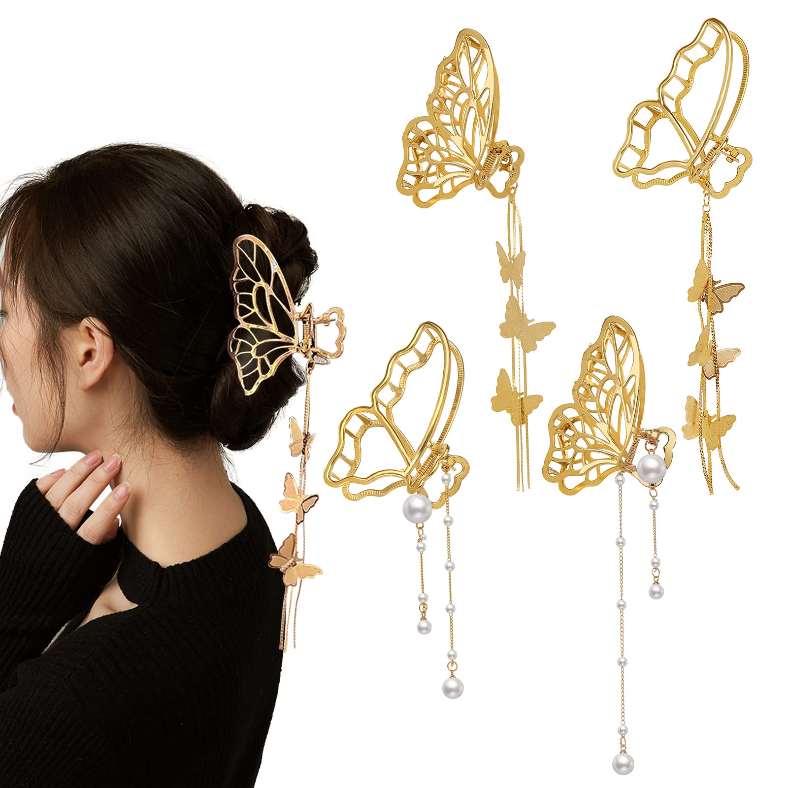 4 PACK Metal Big Gold Butterfly Hair Clips Clamp Tassel Nonslip Claw Hair Accessories for Women Girls for Thinner Thick Styling Fashion Hair Supplies