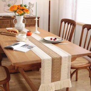 Boho Table Runner, 72 Inch Macrame Boho Fall Decor Table Runner, Natural Farmhouse Burlap Table Runners for Home Thanksgiving Fall Table Decorations