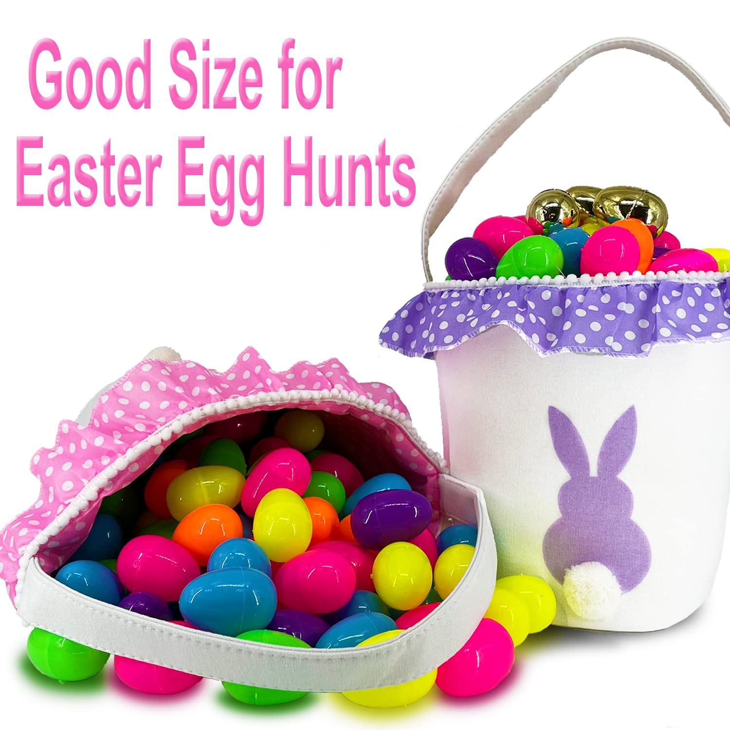 2 Pack Easter Eggs Hunt Basket for Kids Easter Bunny Canvas Baskets Ruffle Easter Basket Rabbit Fluffy Tails Bucket Tote Eggs Candy and Gifts Carry Bucket, Easter Party Supplies (Purple & Pink)