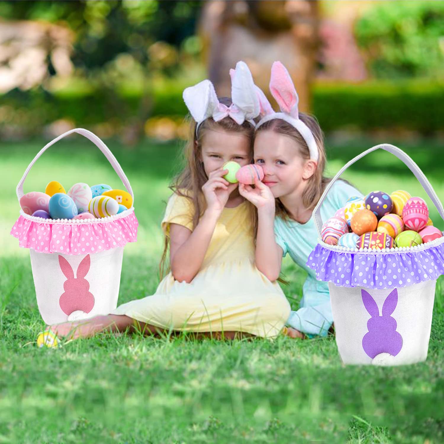 2 Pack Easter Eggs Hunt Basket for Kids Easter Bunny Canvas Baskets Ruffle Easter Basket Rabbit Fluffy Tails Bucket Tote Eggs Candy and Gifts Carry Bucket, Easter Party Supplies (Purple & Pink)