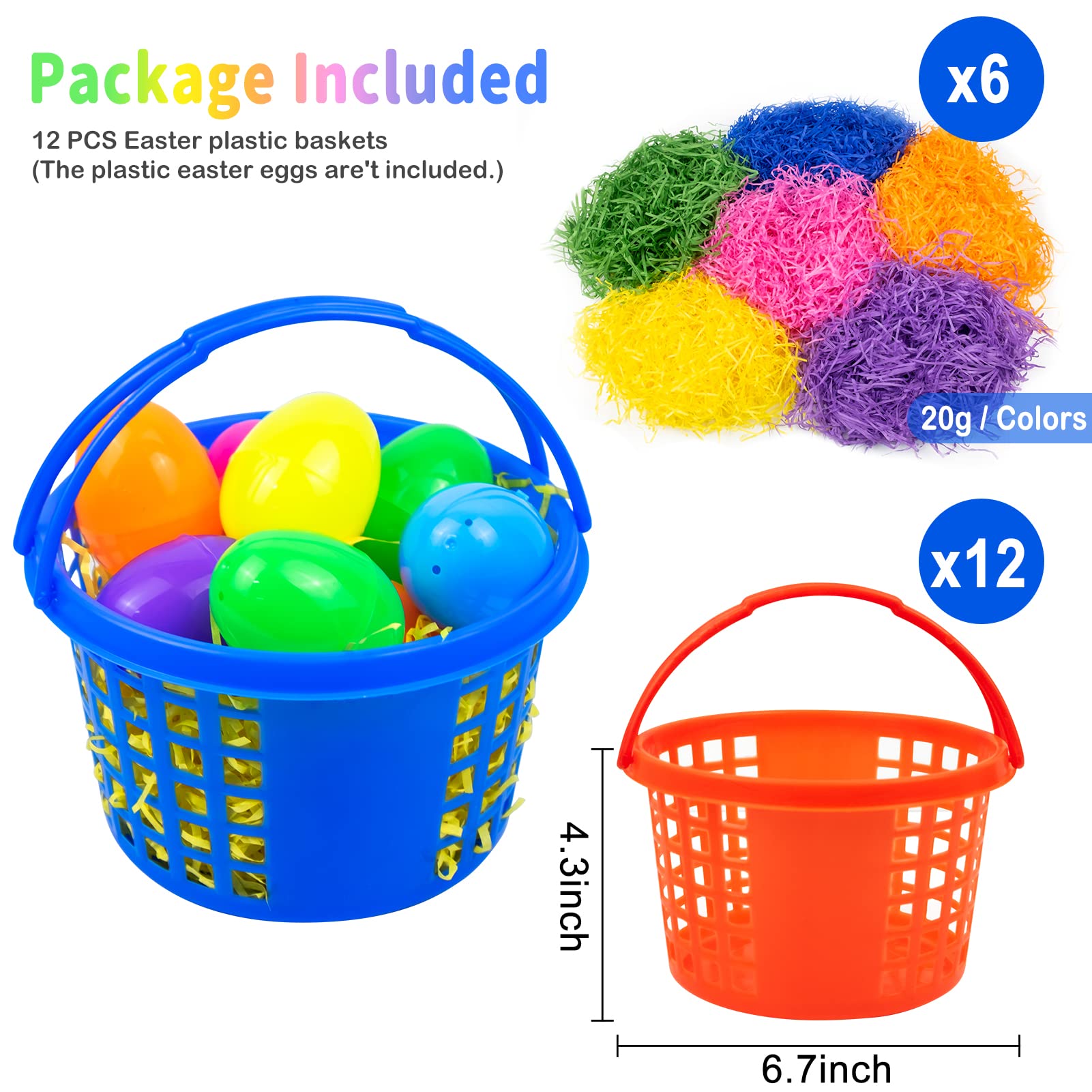 12 PCS Easter Baskets Empty for Kids, Plastic Bulk Baskets for Easter Eggs Hunts, Easter Bucket Bags for Kids Classroom Collecting Easter Eggs Party Favor, Easter Baskets Stuffers Filled for Toddler